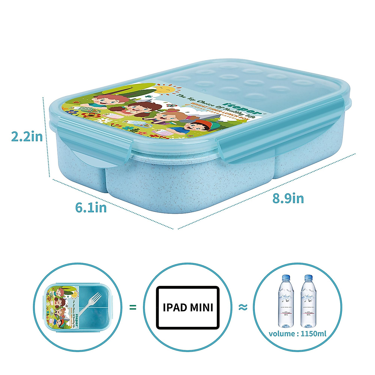 Itopor® Lunch Box,Ideal Leak-Proof Bento Box for Kids & Adults,Natural Wheat Fiber Material,Mom's Eco-Friendly Choice,Kids Lunch Box No BPA & Dyes,Healthy Food-Safe Lunch Container for Family(Blue)