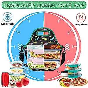 VASCHY Lunch Bag for Children, Neoprene Insulated Lunch Box Bag Tote with Detachable Adjustable Shoulder Strap in Cute Dinosaur