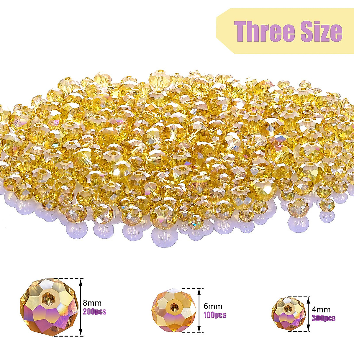 WILLBOND 600 Pcs Crystal Glass Beads for Jewelry Making Bulk Faceted Gemstone Rondelle Beads Loose Beads for Halloween Bracelet DIY Crafts 8 mm, 6 mm, 4 mm(Champagne Gold)