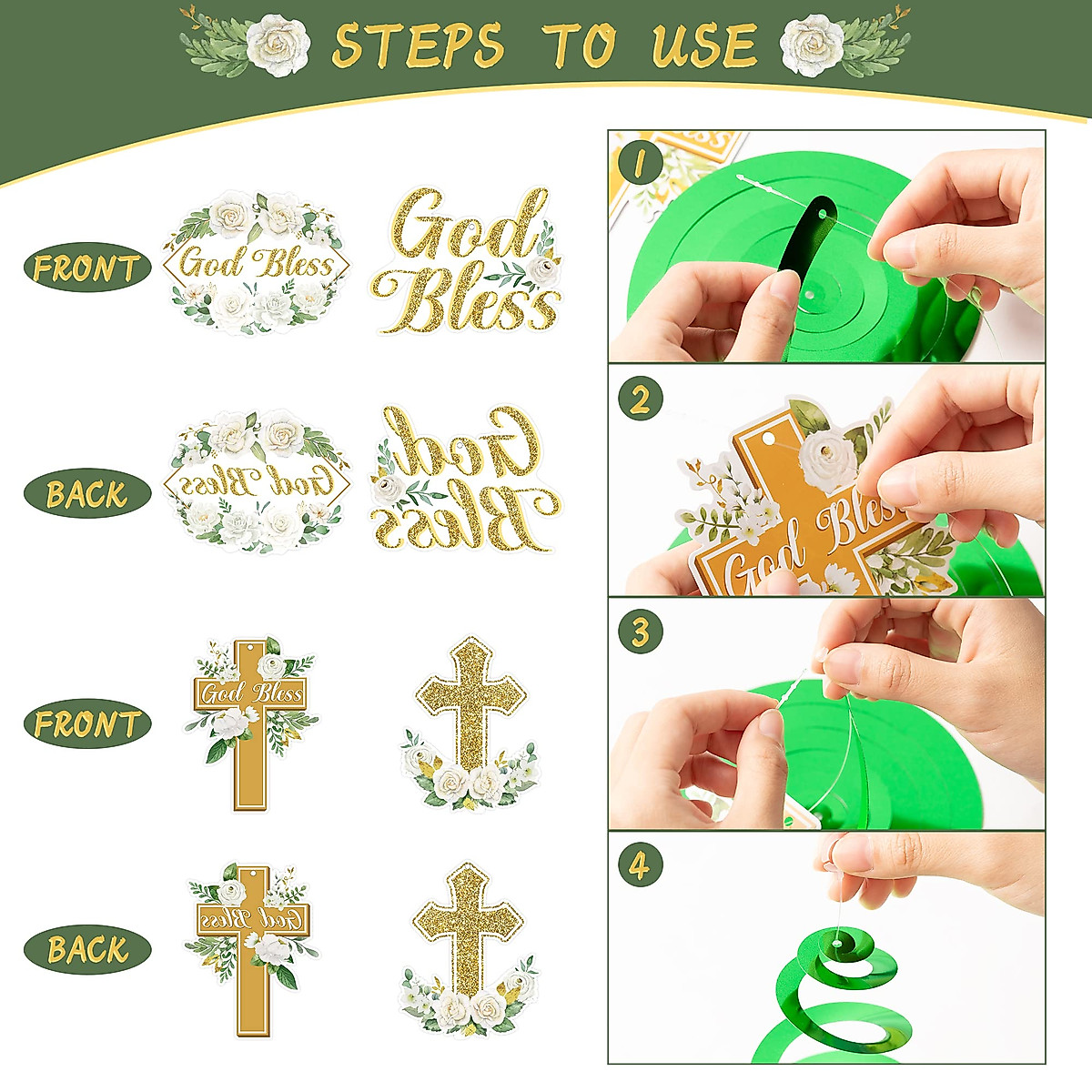 ANGOLIO 30Pcs God Bless Cross Hanging Swirls Party Decorations, Religious Party Decorations Supplies Ceiling Decor for Party, Baby Shower Baptism First Holy Communion Party Hanging Ornaments