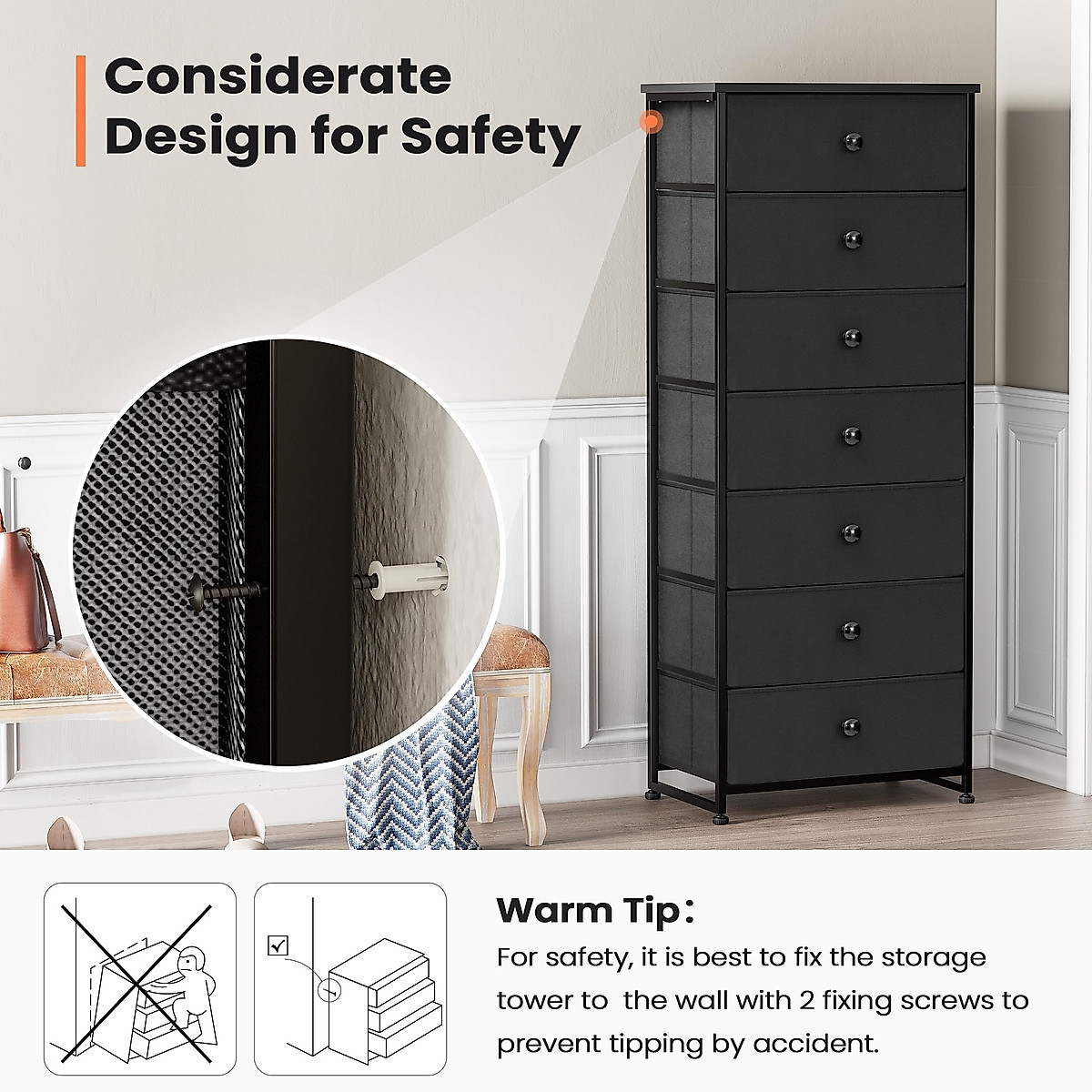 Products Tall Dresser, 7-Drawer Fabirc Storage Tower, Chests of Drawers - Vertical Organizer Unit for Bedroom, Hallway, Nursery, Closets - Steel Frame, Wood Top & Handles, Black