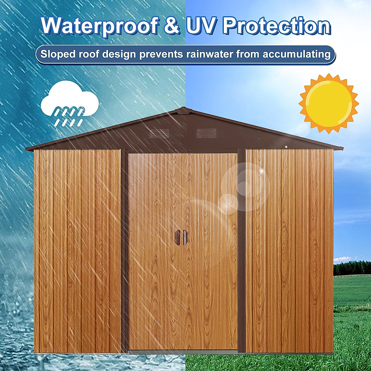 YOPTO 10x8 FT Outdoor Storage Shed, Garden Tool House with Metal Floor Base, Double Sliding Doors, Air Vents, Storage Clearance for Backyard, Patio, Garage, Lawn, Coffee