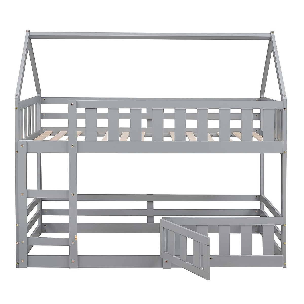 Favfurish Twin Over Twin House Bunk Bed with Fence and Door,Solid Wood Down Bed Frame,w/Sky Roof & Safety Guardrail,No Box Spring Needed,for Kids, Teens, Girls, Boys,Grey
