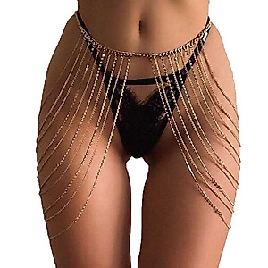 Asooll Sexy Multi-Layered Crystal Leg Body Chains Fashion Sparkly Belly Hip Skirts Tassel Waist Chains for Women and Girls (Gold)