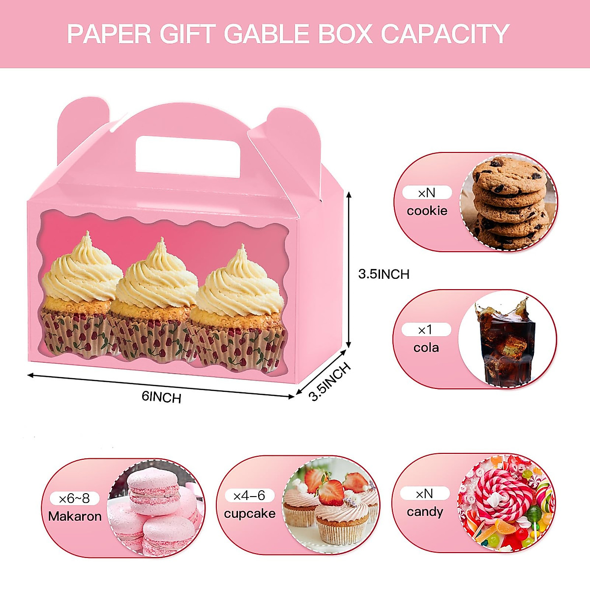 MOORAY 30 Pack Treat Boxes Candy Boxes Gable Boxes Party Favor Boxes with Handles Goodie Boxes Paper Gift Boxes for Kids Birthday Party Baby Shower Wedding Halloween Christmas(Pink)