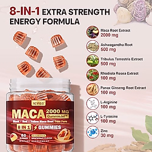 Sugar Free Maca Root Filled Gummies 2000mg for Women & Men with Ashwagandha, Tribulus Terrestris, Rhodiola, Panax Ginseng, L Arginine & L Tyrosine for Natural Energy, Mood & Immune Support - Vegan