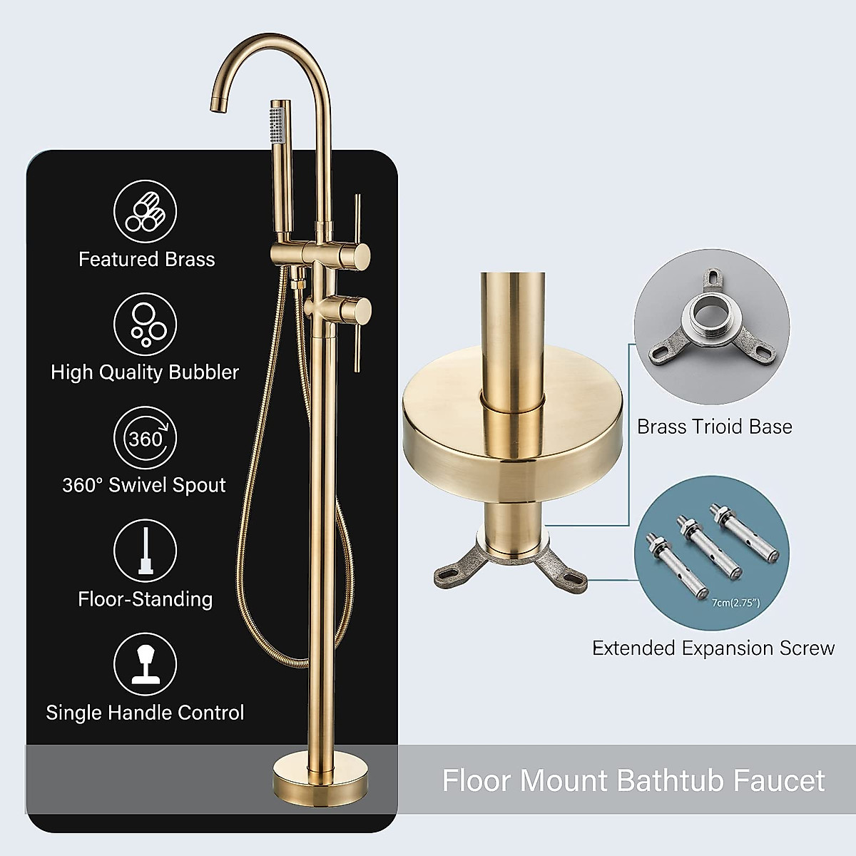 YAGATAP Freestanding Bathtub Faucet Floor Mount Tub Filler Brushed Gold High Flow Shower Faucets with Handheld Shower Mixer Taps Swivel Spout