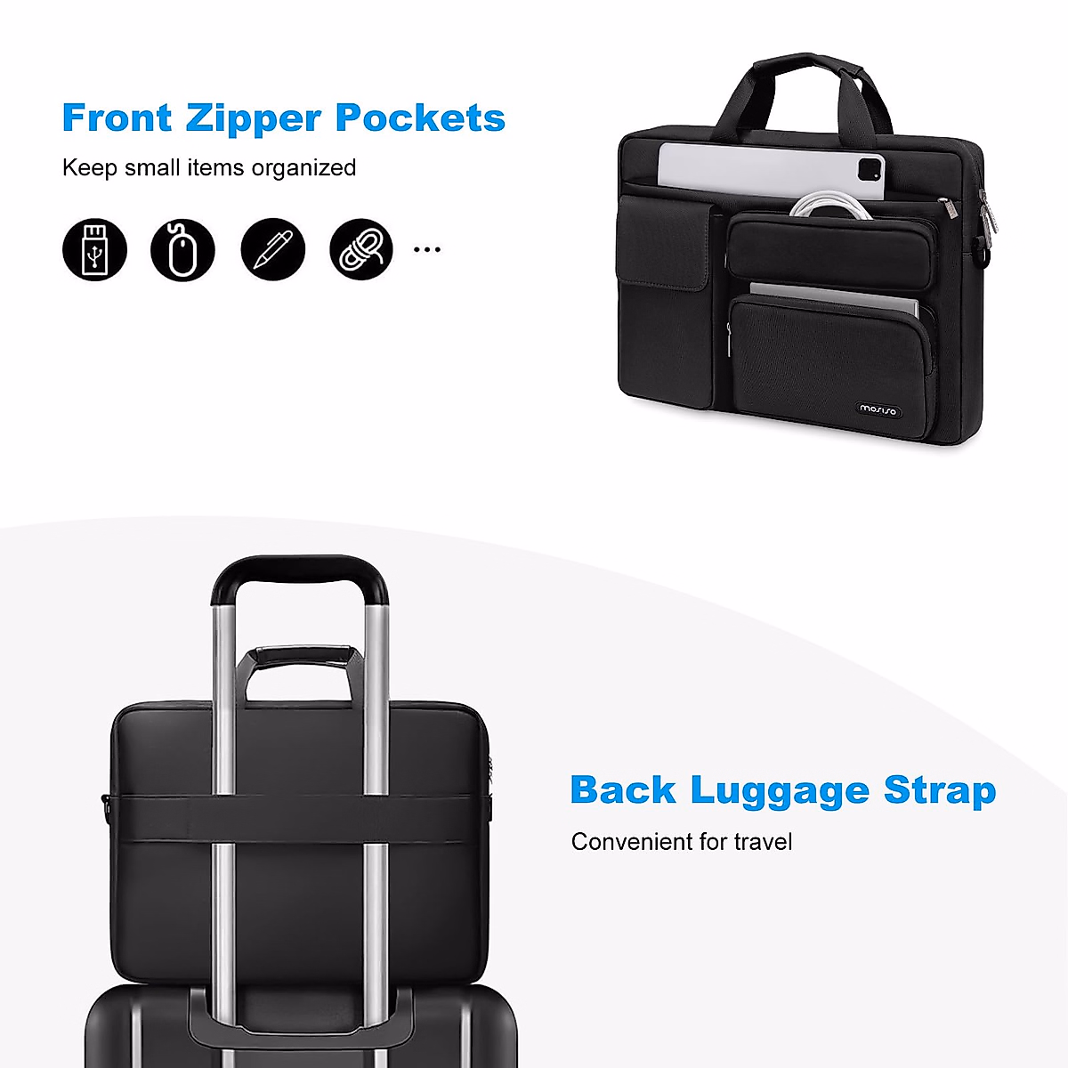 MOSISO Laptop Shoulder Messenger Bag Compatible with MacBook Pro 16 inch 2023-2019 M2 A2780 M1 A2485 A2141,15-15.6 inch Notebook with 2 Raised&1 Flapover&1 Horizontal Pocket&Handle&Belt, Black