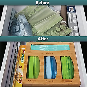 Carnation Brands Bamboo Ziplock Bag Organizer for Drawer - Rustic Brown Dispenser Kitchen Organization Pre-Assembled Baggie Storage to Minimize Clutter 12-''x12-''x3-''