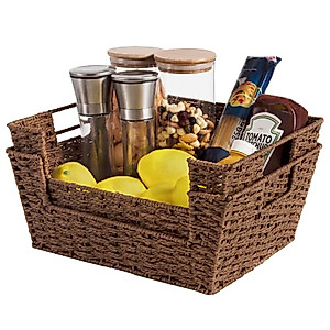 StorageWorks Pantry Storage Basket, Hand-Woven Open-Front Bin with Handles, Brown, 2 Pack