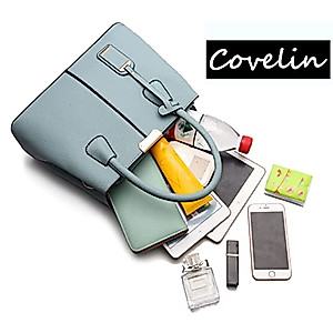 Covelin Women's Top-handle Cross Body Handbag Middle Size Purse Durable Leather Tote Bag Light Blue