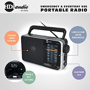 HDi Audio Home Vintage Portable AM/FM Desktop Radio, Battery Operated, Or AC Power, | Headphone Jack | Big Speaker | Large Operated Analog Radio (Silver)