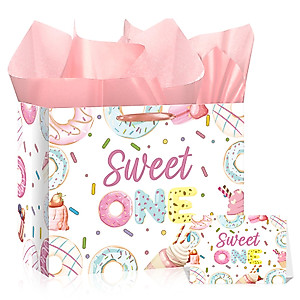 Wayyogh Sweet One Gift Bag 1st Birthday Wrap Bag for Girls First Birthday Wrapping Paper Bag with Greeting Card Tissue Paper for Donuts One Year Old Girl Ice Cream Candy Baby Shower Party Supplies