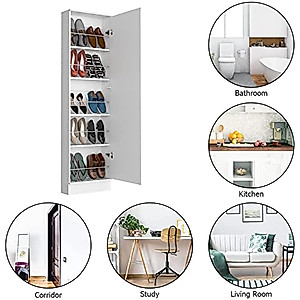 Ymlpre Full Length Mirror Shoe Rack, Wooden Standing Shoe Organizer, Five Internal Shelves, One-Door Shoe Cabinet for Entryway, Bedroom & Hallway, 18.5”W x 7.4”D x 66.9”H, White