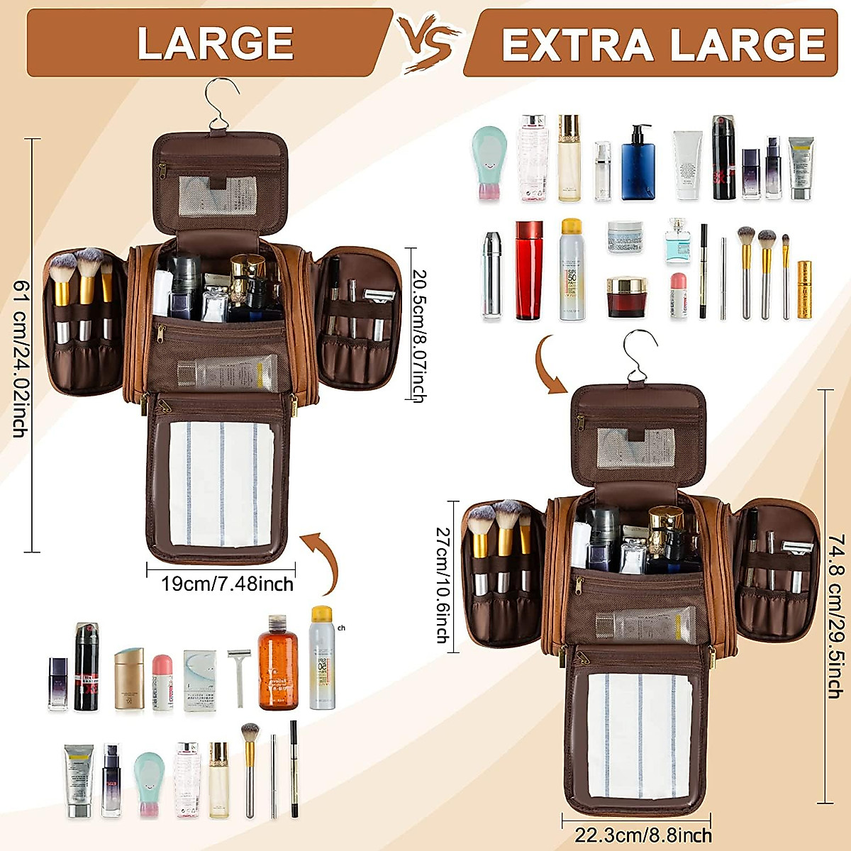 Elviros Travel Hanging Toiletry Bag for Women and Men, Large PU Leather Toiletries Organizer, Water-resistant Bathroom Shaving Kit for Cosmetics, Makeup Case (Large, Brown)