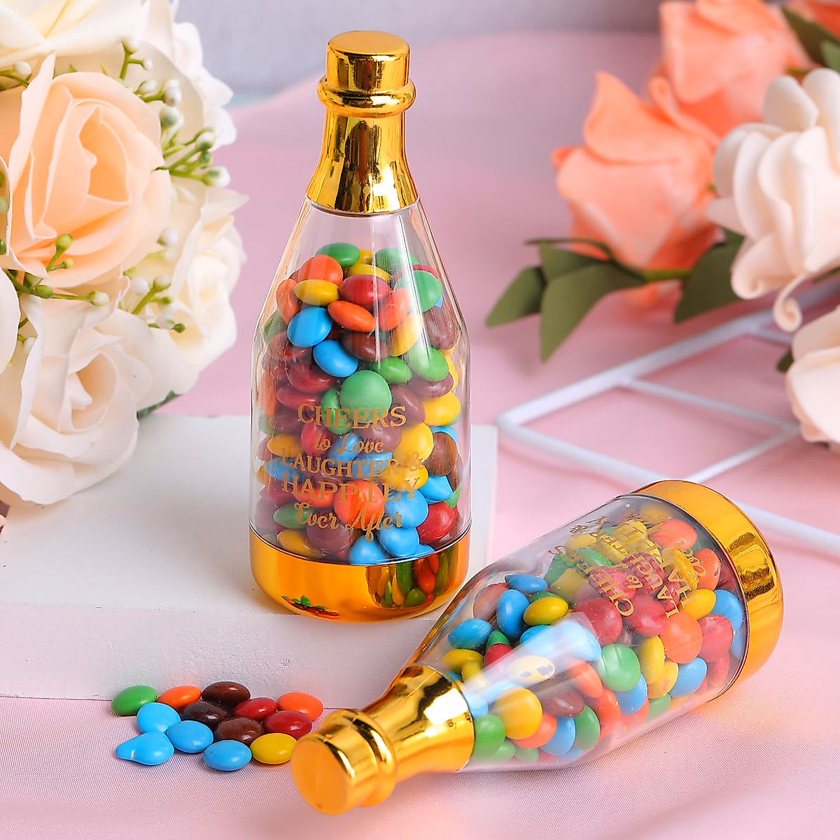 Ziliny 50 Pcs Metallic Golden Champagne Bottle Containers Candy Bottles Wedding Candy Box Bridal Shower Favors Plastic Wine Alcohol Containers Mini Champagne Bottles Bulk for Wedding Bridal Party