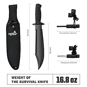 LANCERGEAR Survival Hunting Knife with Sheath, 15" Stainless Steel Fixed Blade, Black Rubber Non-slip Handle, Suitable for Camping, Hunting and Adventure, Cool Knife Gift for Men
