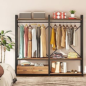 Tribesigns Free-Standing Closet Organizer, Large Clothes Organization Storage, Double Hanging Rod Clothes Garment Racks with Drawers, Clothing Storage System, Open Wardrobe for Bedroom