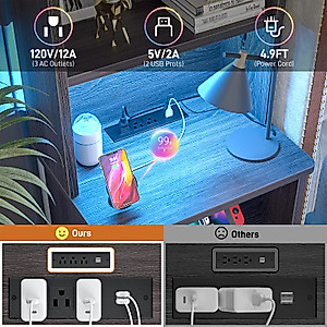 Tall Nightstand with Charging Station and LED Lights - 47" Tall Bedside Table with Adjustable Bookshelf, Industrial End Table Side Table with Storage Cabinet for Home Office, Grey