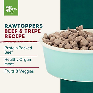 Only Natural Pet Raw Toppers - Freeze Dried Meal Topper, High Protein and Grain Free, Whole Food Nutrition for Dogs, Grass-Fed Beef & Tripe Recipe Flavored - 10 Ounce Bag