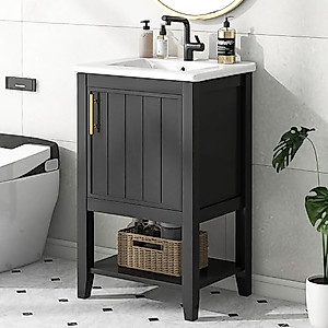 20" Bathroom Vanity Cabinet with Ceramic Sink Top Set, Freestanding, Two-Tier Storage Rack, Soft Closing Door, Black