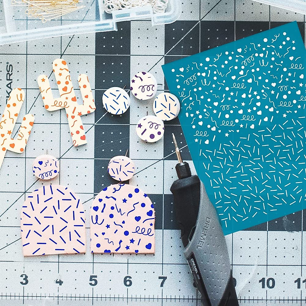 OLYCRAFT 4x5 Inch Silk Screen Stencils for Polymer Clay Confetti Silk Screen Printing Stencils Star Heart Reusable Clay Stencil Transfer for Polymer Clay Earring Hairpin Jewelry Making