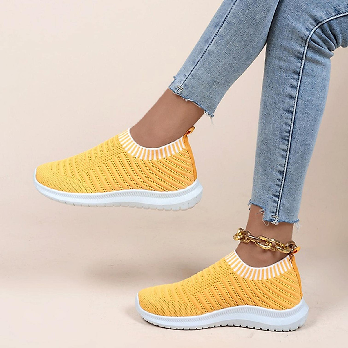 Trilanme Women's Walking Shoes Striped Knit Sock Sneakers Slip On Mesh Platform Air Cushion Running Athletic Sneakers Breathable Nursing Workout Yoga Loafers Gym Tennis for Women