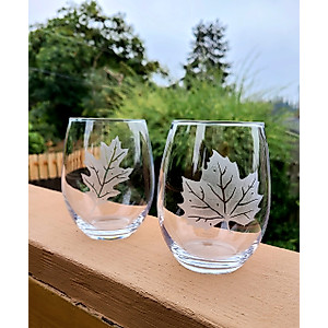 Fall leaves glass set, etched wine glass, etched maple leaf glass, oak leaf glass, stemless barware, for wine lovers, hostess gift