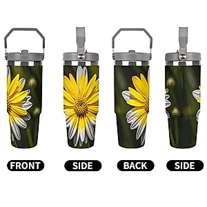 WITHSBKK 30oz Car Cup Yellow Gray Flower Printed with Portable, Stainless Steel Travel Mug, Vacuum Insulated Tumbler And Straw, Leakproof for Car & Outdoor, UV Printed Design