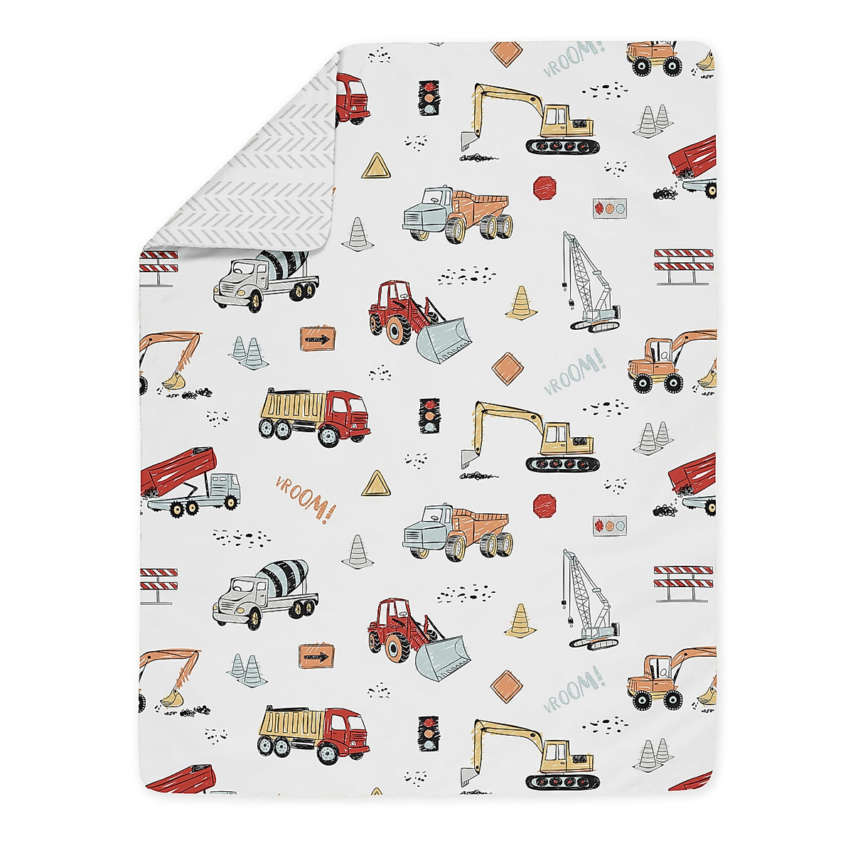 Sweet Jojo Designs Construction Truck Boy Toddler Kid Childrens Comforter Bedding Set - 5 Pieces Comforter, Sham and Sheets - Grey Yellow Orange Red and Blue Transportation Chevron Arrow