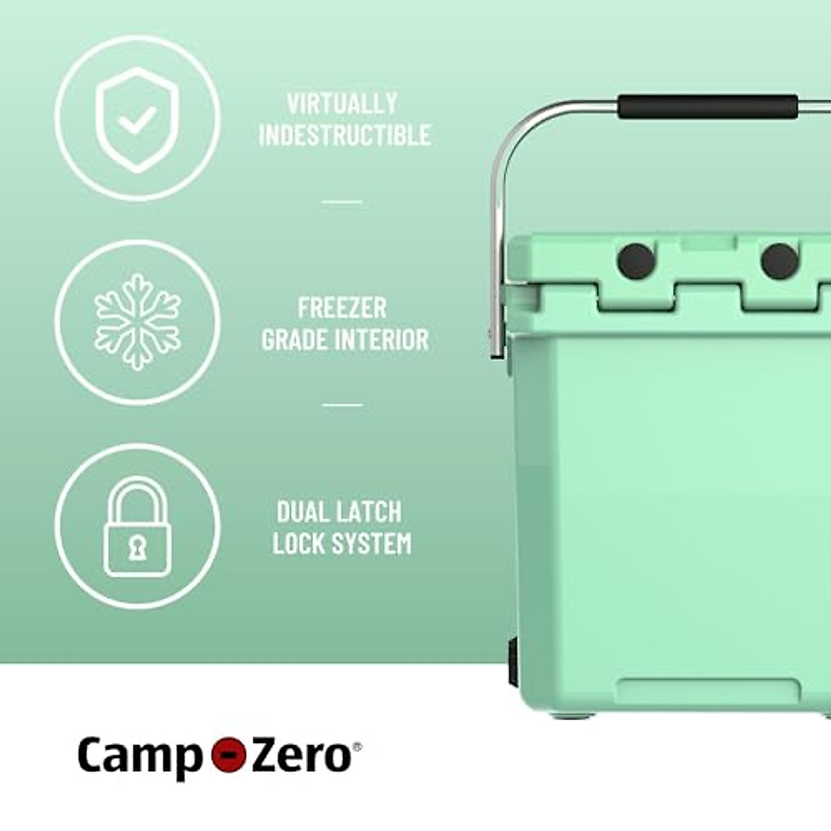 CAMP-ZERO 16L Tall Cooler/Ice Chest with 2 Molded-in Cup Holders & Folding Aluminum Handle | Thick Walled, Freezer Grade Cooler with Secure Locking System & Removable Divider (Mint Green)
