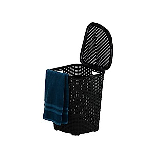 Plastic Corner Laundry Hamper with Lid, Curved Designed Laundry Basket, Triangle Black Cloths Hamper Organizer with Cut-out Handles for Laundry Room Bedroom Bathroom, Wicker Design, 50 Liter