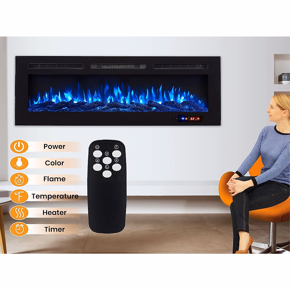 Naomi Home Kimball Electric Fireplace, Recessed & Wall Mounted Electric Fireplace, Remote Control with Timer, 9 Adjustable Color, WiFi Black/60 inches