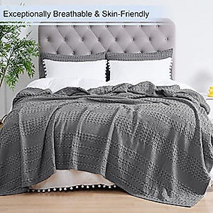 PHF 100% Cotton Waffle Weave Blanket Queen Size - Washed Soft Lightweight Blanket for All Season - Breathable and Skin-Friendly Blanket for Couch Bed Sofa 90"x90" - Charcoal/Dark Grey