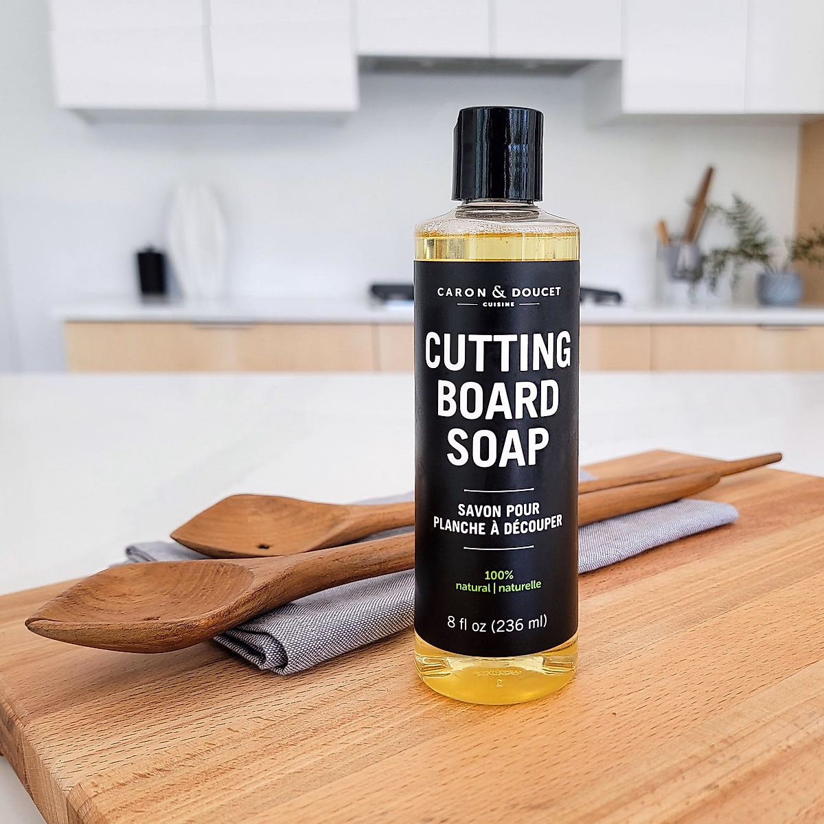 CARON & DOUCET - Cutting Board & Butcher Block Cleaning Soap | 100% Plant-Based Soap | All-Natural Lightly Scented Rosemary & Lemongrass Essential Oils (8 oz)