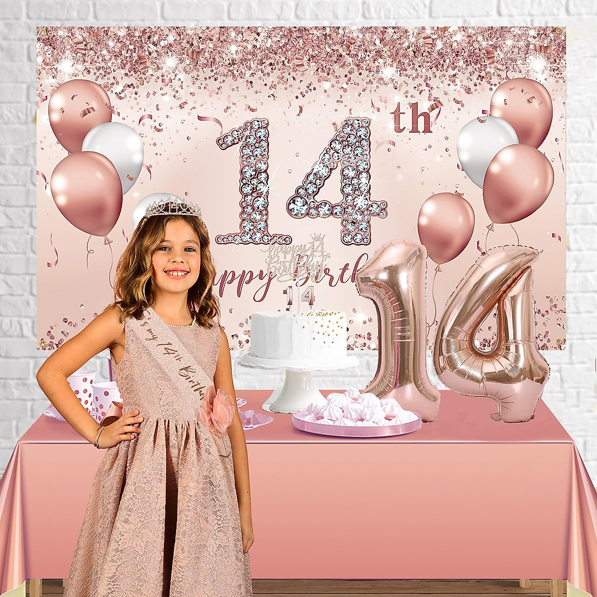 Trgowaul 14th Birthday Decorations Party Set for girls, Rose Gold 14 Birthday Banner and Tablecloth, 14 & Fabulous Sash and Tiara, 1PC Happy 14th Birthday Cake Topper, Pink Gold 14 Number Balloons