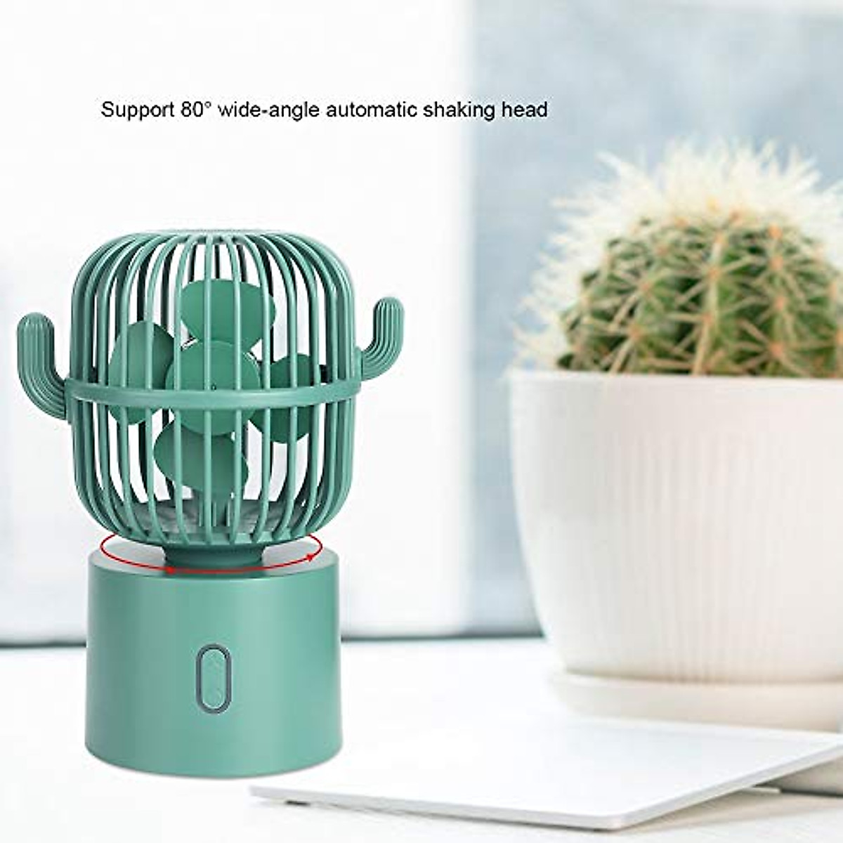 USB Desk Fan, 3 Speeds Adjustable Portable Cute Cactus Desktop Table Fan Two Ways Charging Wide-Angle Shaking Head Mini Personal Cooling Fan for Home, Office, Car, Desktop Decoration(Green)
