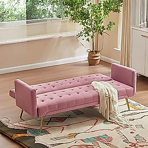 RIDFY 70” Modern Velvet Futon Sofa Bed, Convertible Sleeper Couch with Metal Legs/Armrests, Folding Upholstered Loveseat, 3 Adjustable, Memory Foam Living Seat, Recliner Sofa (Pink)