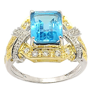 De Buman 18k Gold and Sterling Silver Genuine Swiss Blue Topaz and Cubic Zirconia Ring Ring, Size 7