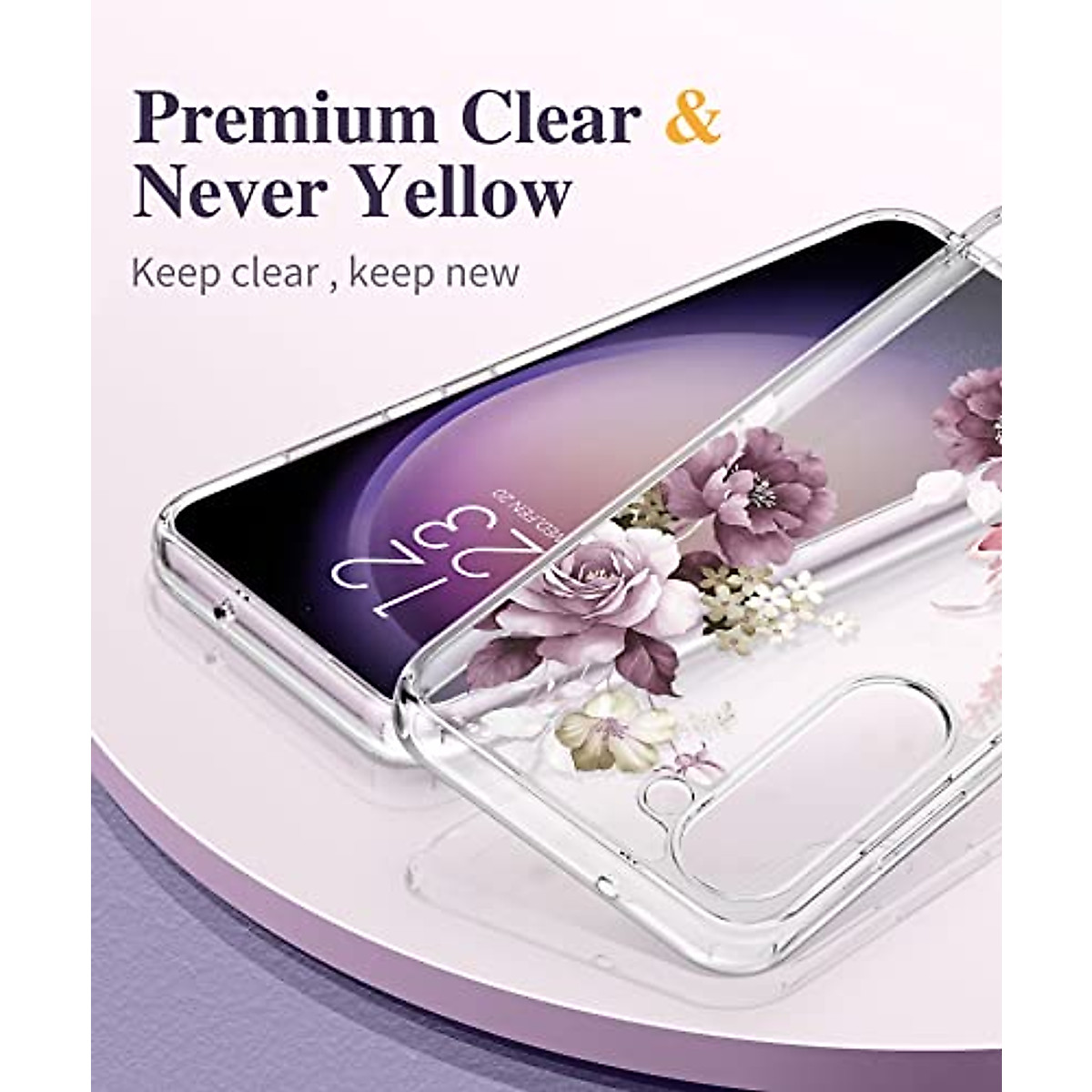 GVIEWIN Case Compatible with Samsung Galaxy S23 Case, with Screen Protector + Camera Lens Protector Floral Shockproof Clear Hard PC+Soft Bumper Women Phone Cover 2023 6.1" (Cherry Blossoms/Purple)