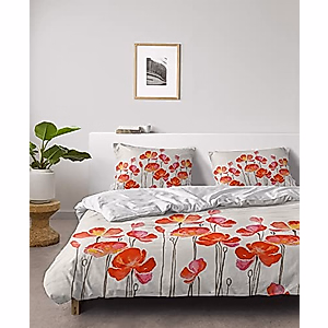 Pastoral Queen Duvet Cover 4 Piece Bedding Set Watercolor Red Poppy Flower Microfiber Quilt Cover Ultra Soft Flat Sheet and 2 Pillow Cases Abstract Blooming Floral Bedding Sets for Bedroom Decor