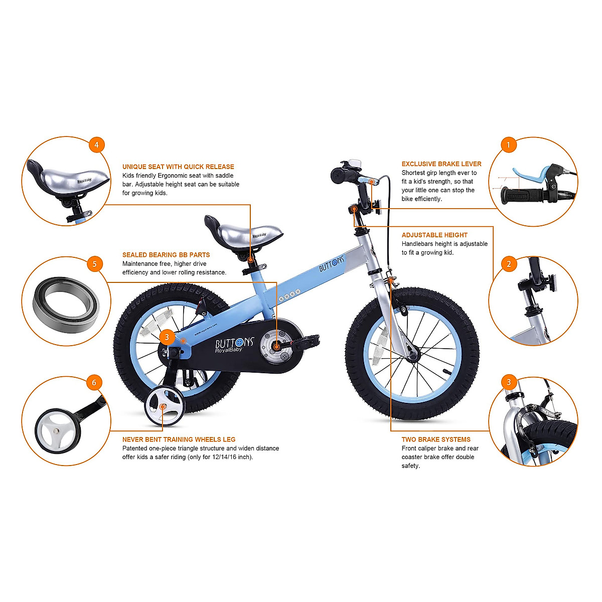 RoyalBaby Boys Girls Kids Bike 12 Inch Matte Button Bicycles with Training Wheels Child Bicycle Blue