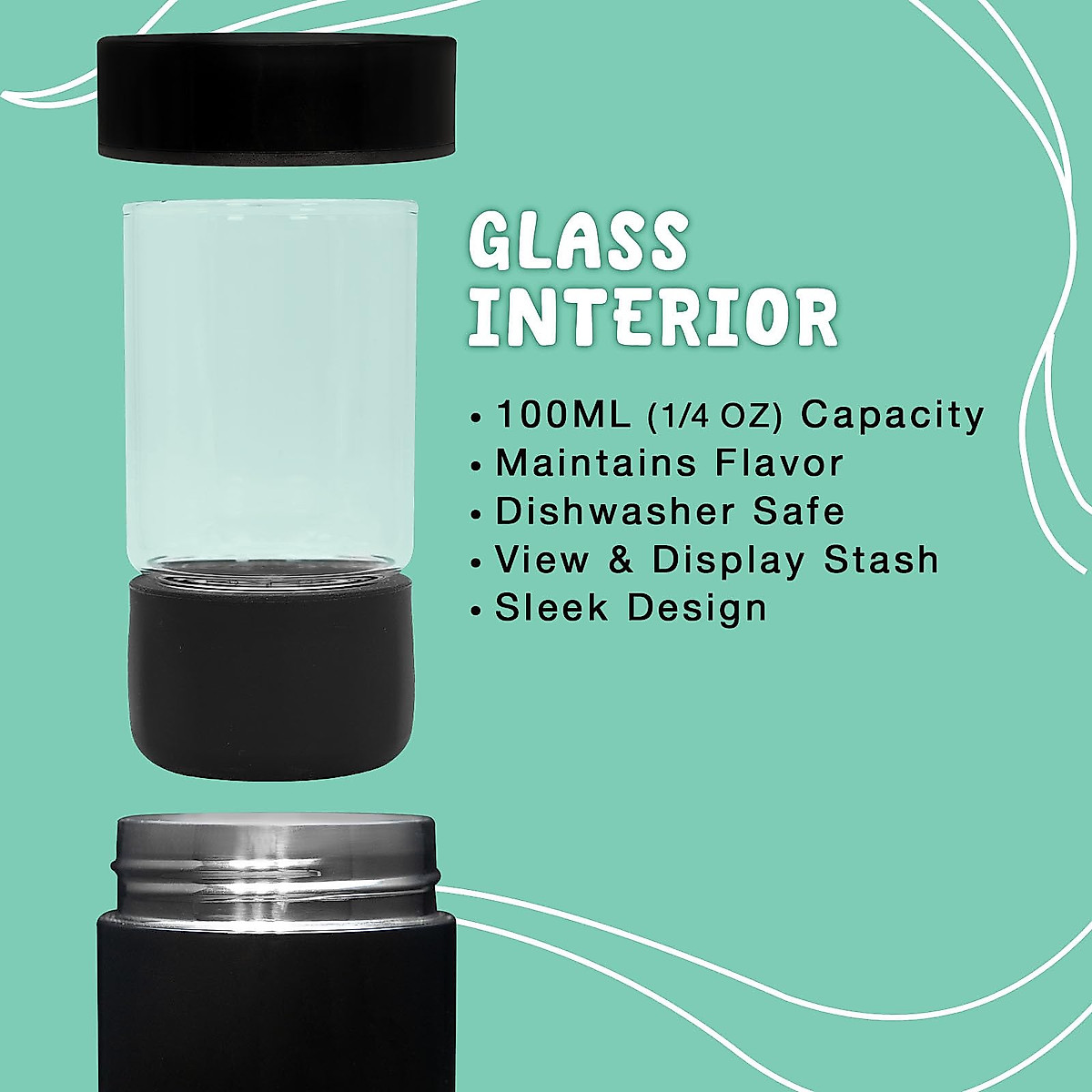 nugbuddy Mini Airtight Storage Container - Vacuum Sealed Insulated w Nested Glass Jar - UV Protection, Temperature Controlled Stainless - Whiteboard Finish w Marker Included - 100 ml (1/4 Oz)