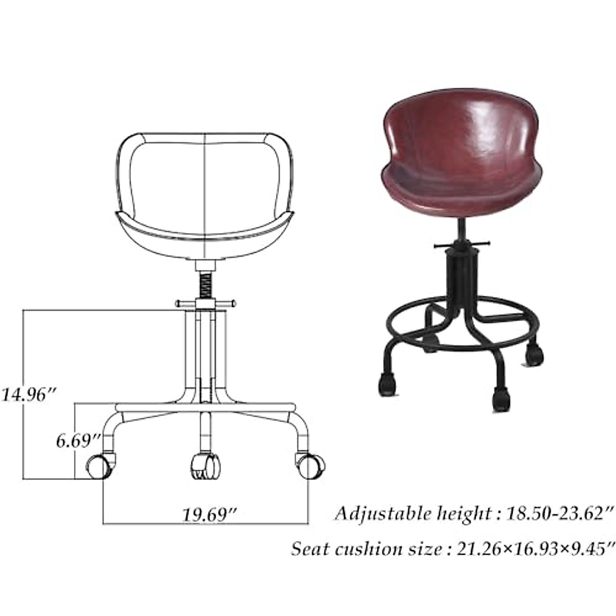 Topower Antique Industrial Design Metal Adjustable Height Kitchen Dining Breakfast Chair Industrial Style Bar Stool Fully Welded Maroon PU Leather Seat