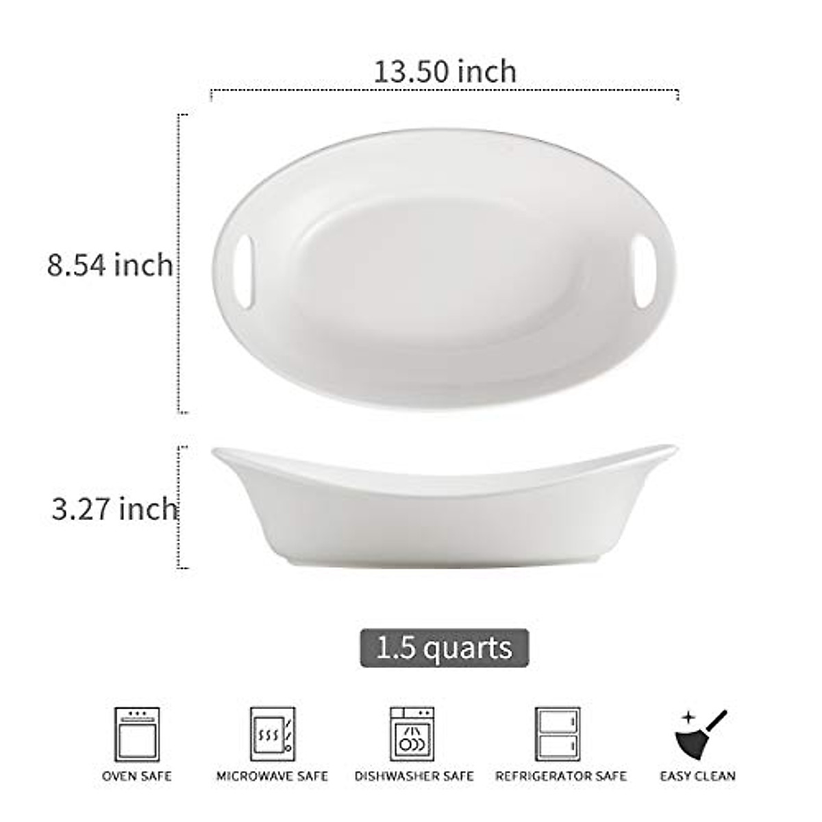 YHOSSEUN Large Serving Bowl with Handles Set Oval Serving Platter 1.5 Quarts Set of 2 White