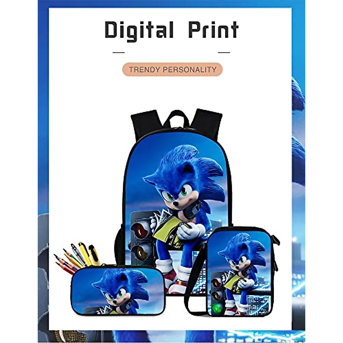 KAAUSE Cartoon 3PCS Backpack Travel Backpack school Backpack for Teen Boys and Girls Game Fans Gift Blue-One Size