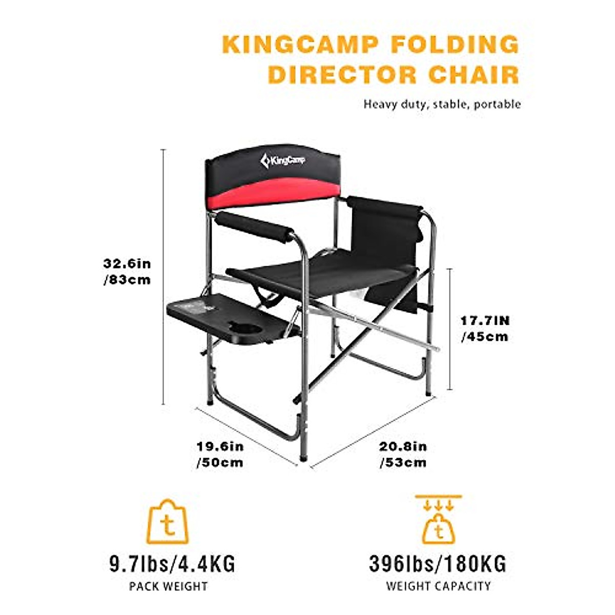 KingCamp Camping Chairs 2 Pack, Heavy Duty Folding Directors Chair Sports Chair Oversized Padded Seats with Side Table Storage Pockets Armrest for Adults, Supports 396 lbs, Red