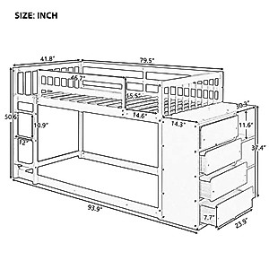 Harper & Bright Designs Twin Over Twin Bunk Bed with Storage, Wood Floor Bunk Beds with 4 Drawers & 3 Shelves, Low Bunk Bed, Twin Loft Bed for Kids, Girls Boys, Teens, Adults (Gray)