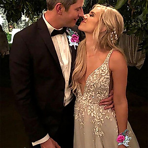 Campsis Wedding Corsage Boutonniere Set Pink Rose Flower Wrist Bride Buttonholes Flower Decor Bride Girls Lady Accessories for Prom and Dinner Party(2pcs)