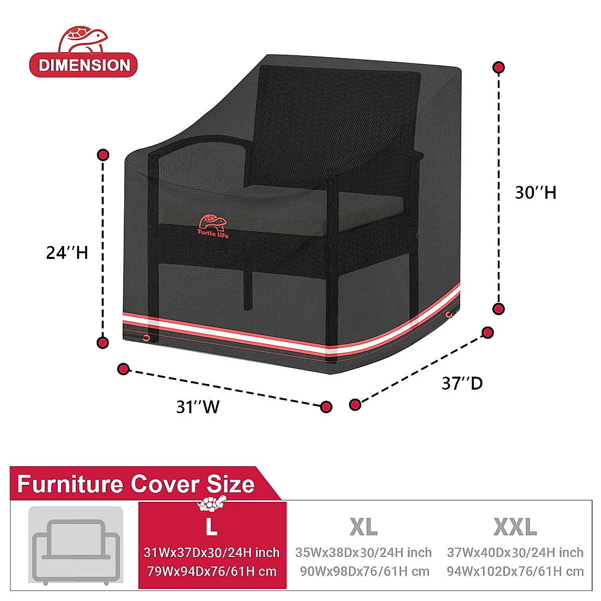 Turtle Life Patio Chair Cover, Heavy Duty Durable Waterproof Outdoor Lawn Armchair Deep Single Sofa Cover, Anti-Fading Cover for Chair, Black, 31" Wx 37" D x 30" H